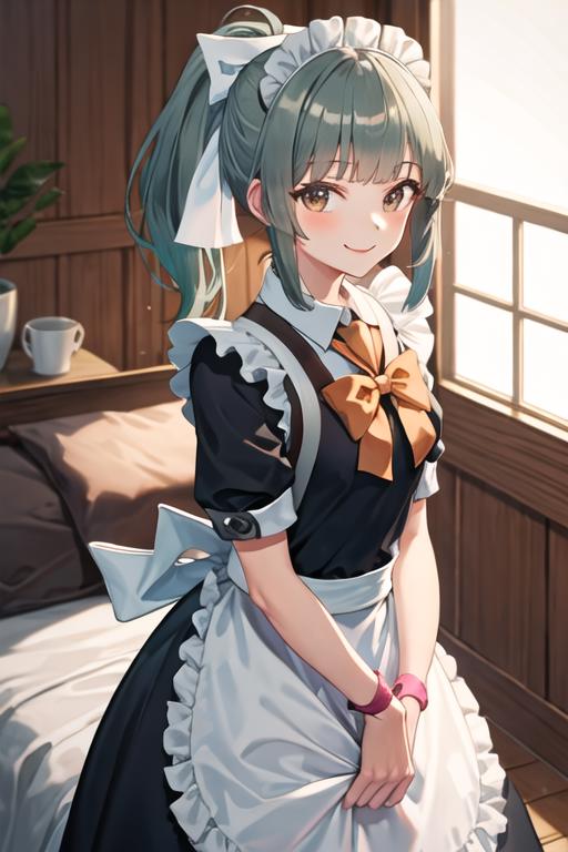 Anime girl in maid outfit sitting on a bed in a room - SeaArt AI