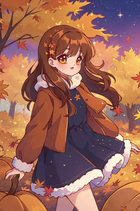 A girl in a dress and coat standing in a field of pumpkins - SeaArt AI