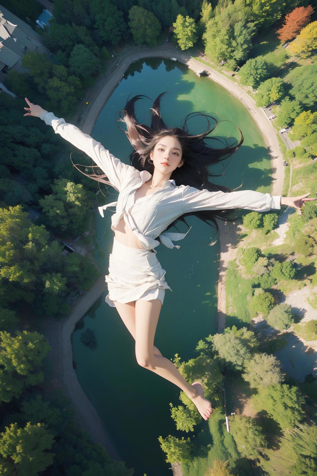 Arafed woman flying over a lake with her arms outstretched - SeaArt AI