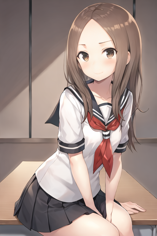 Anime girl sitting on a table with a red tie - SeaArt AI