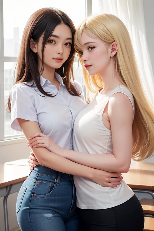 Two Women Standing Next To Each Other In Front Of A Window Seaart Ai