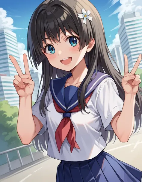 Anime girl in uniform making peace sign with her hands - SeaArt AI