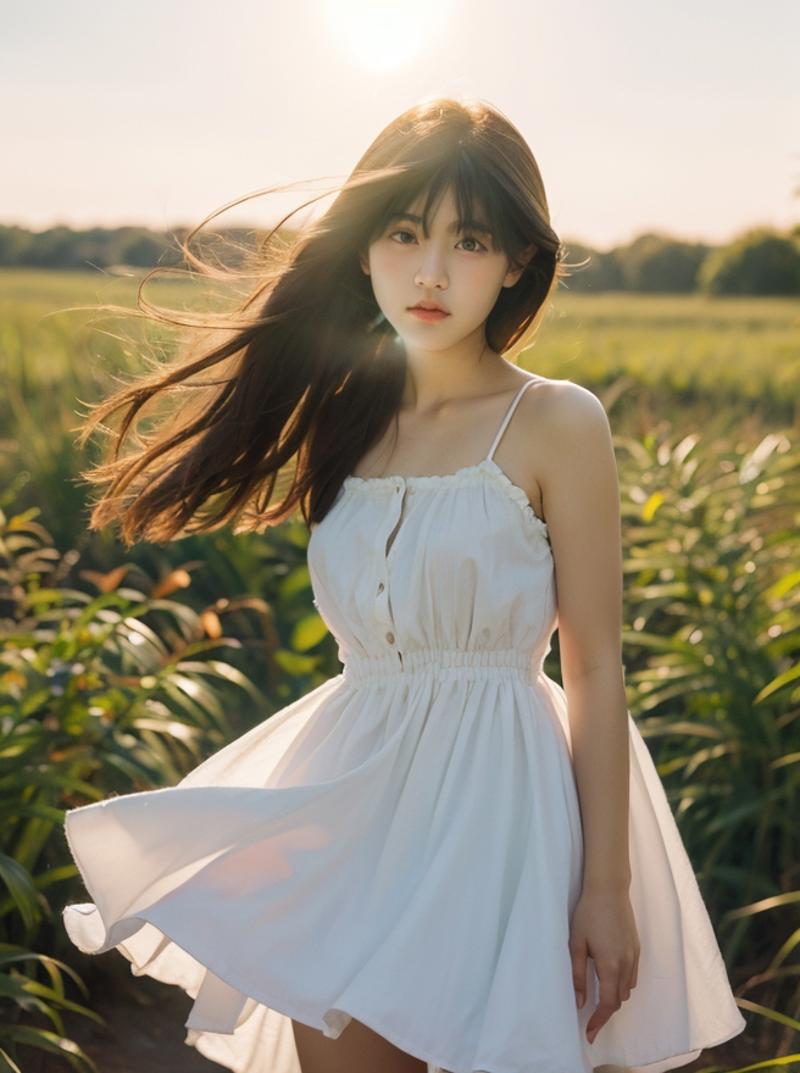 Film grain,(overexposed),long grass, wind,1girl,white sundress - SeaArt AI