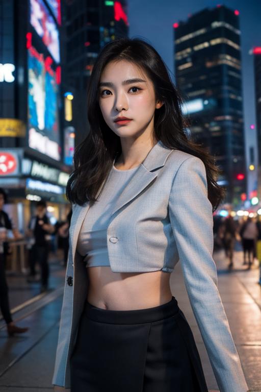 A woman in a suit and top standing on a city street - SeaArt AI