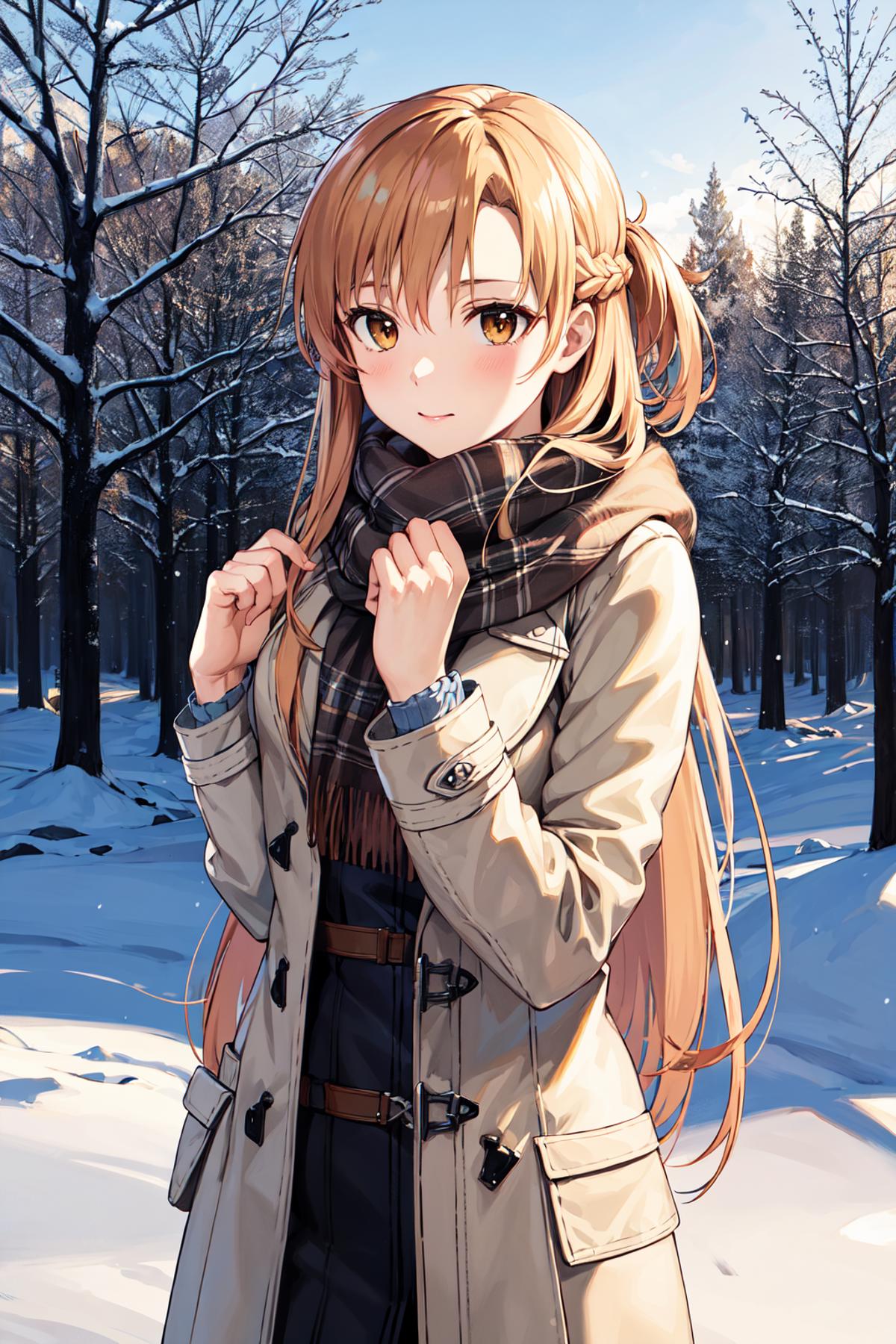 Anime girl in winter coat standing in snow covered park - SeaArt AI