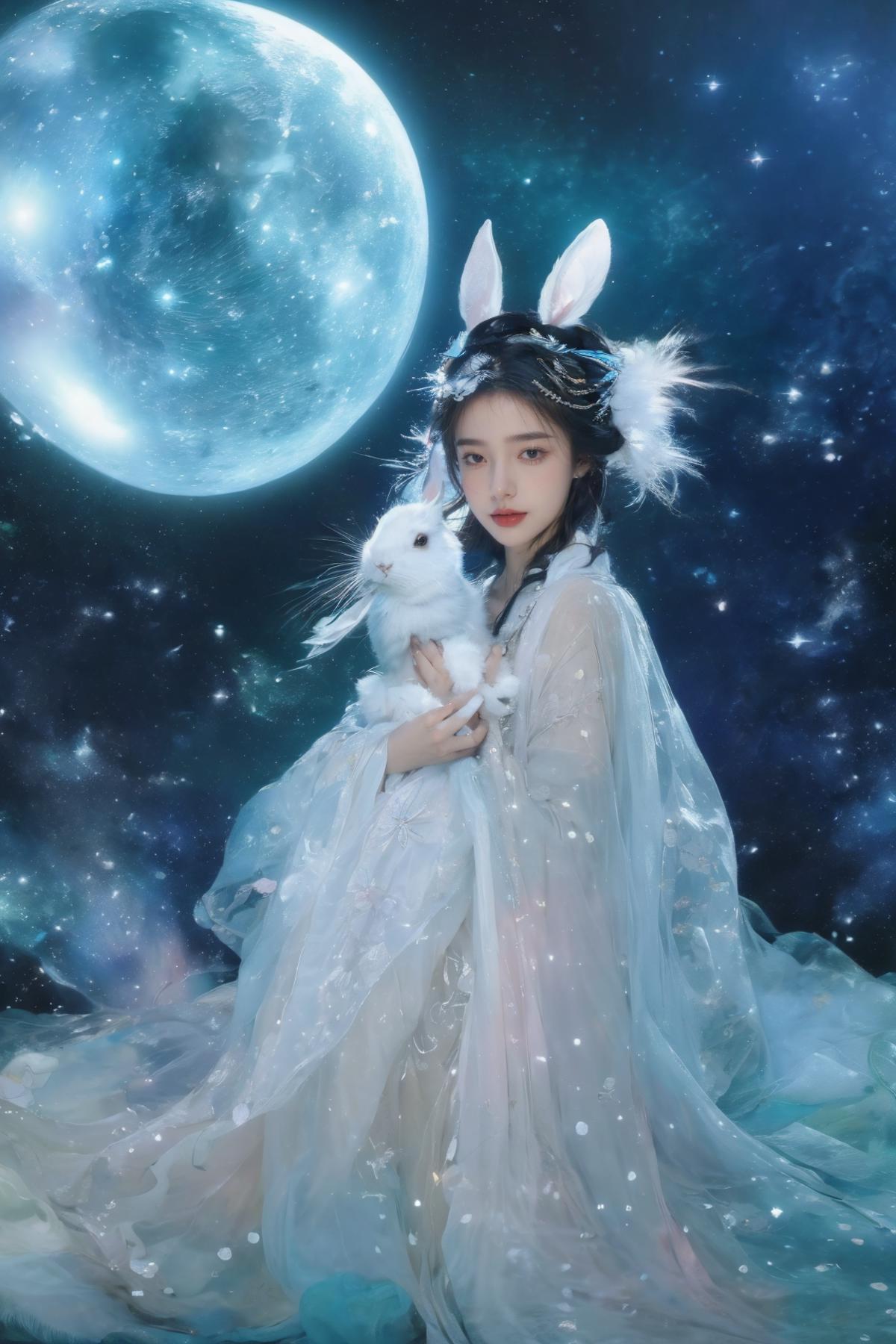 A woman in a white dress holding a white rabbit in front of a full moon ...