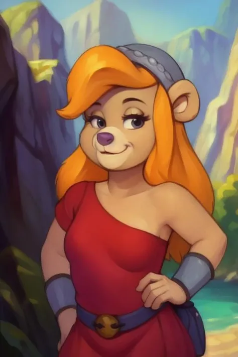 A cartoon image of a woman in a red dress and a helmet - SeaArt AI