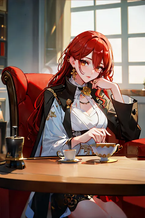 Anime girl sitting at a table with a cup of coffee（himeko (honkai: star ...