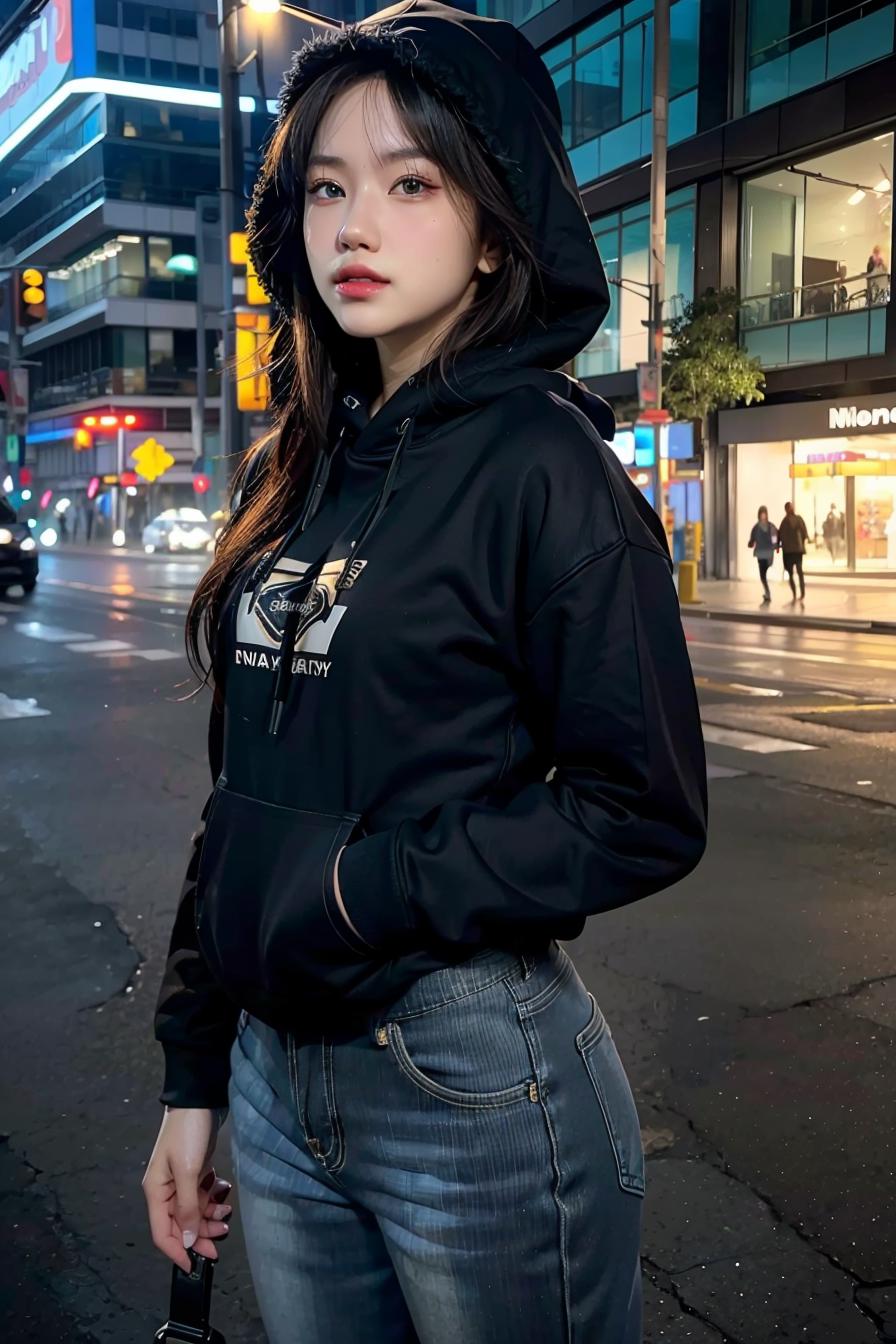 Arafed woman in a black hoodie standing on a city street - SeaArt AI