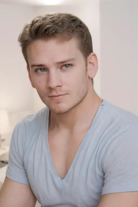 Arafed man in a blue shirt sitting on a bed - SeaArt AI