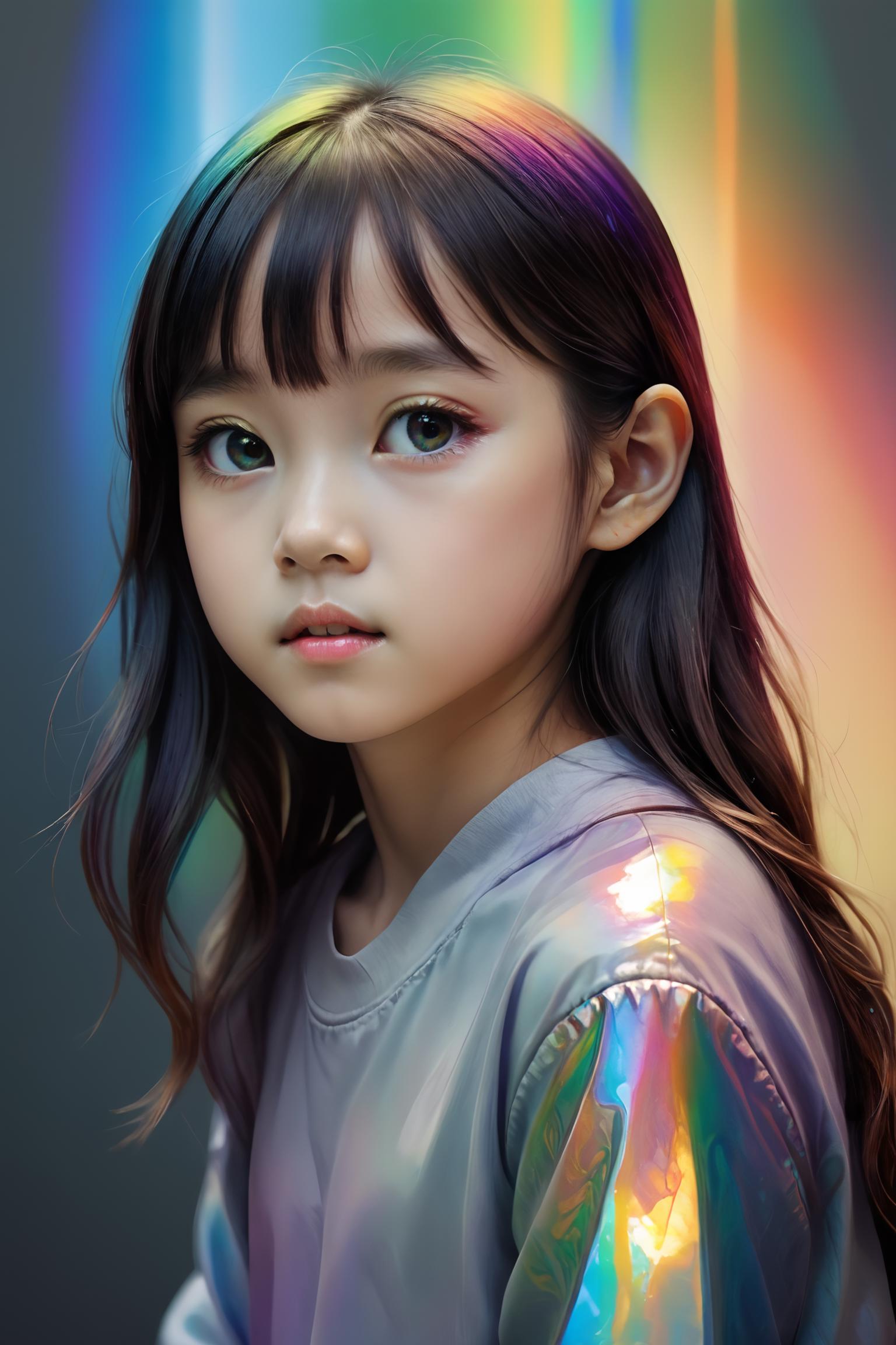A close up of a young girl with long hair and a rainbow colored shirt ...