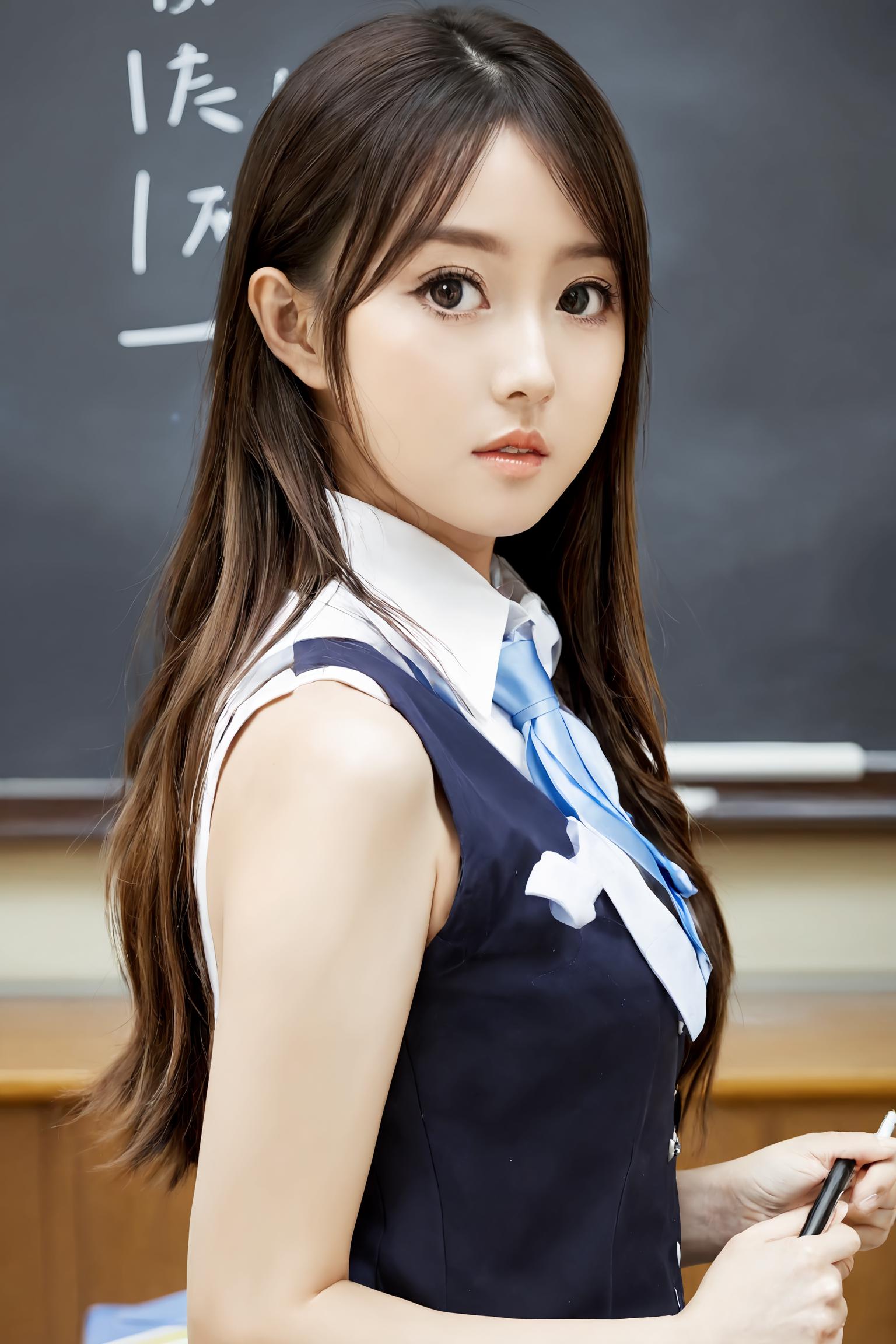 A close up of a woman in a school uniform posing in front of a blackboard - SeaArt AI