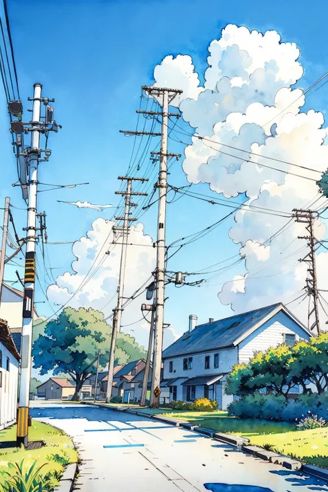Anime scenery of a street with power lines and telephone poles - SeaArt AI