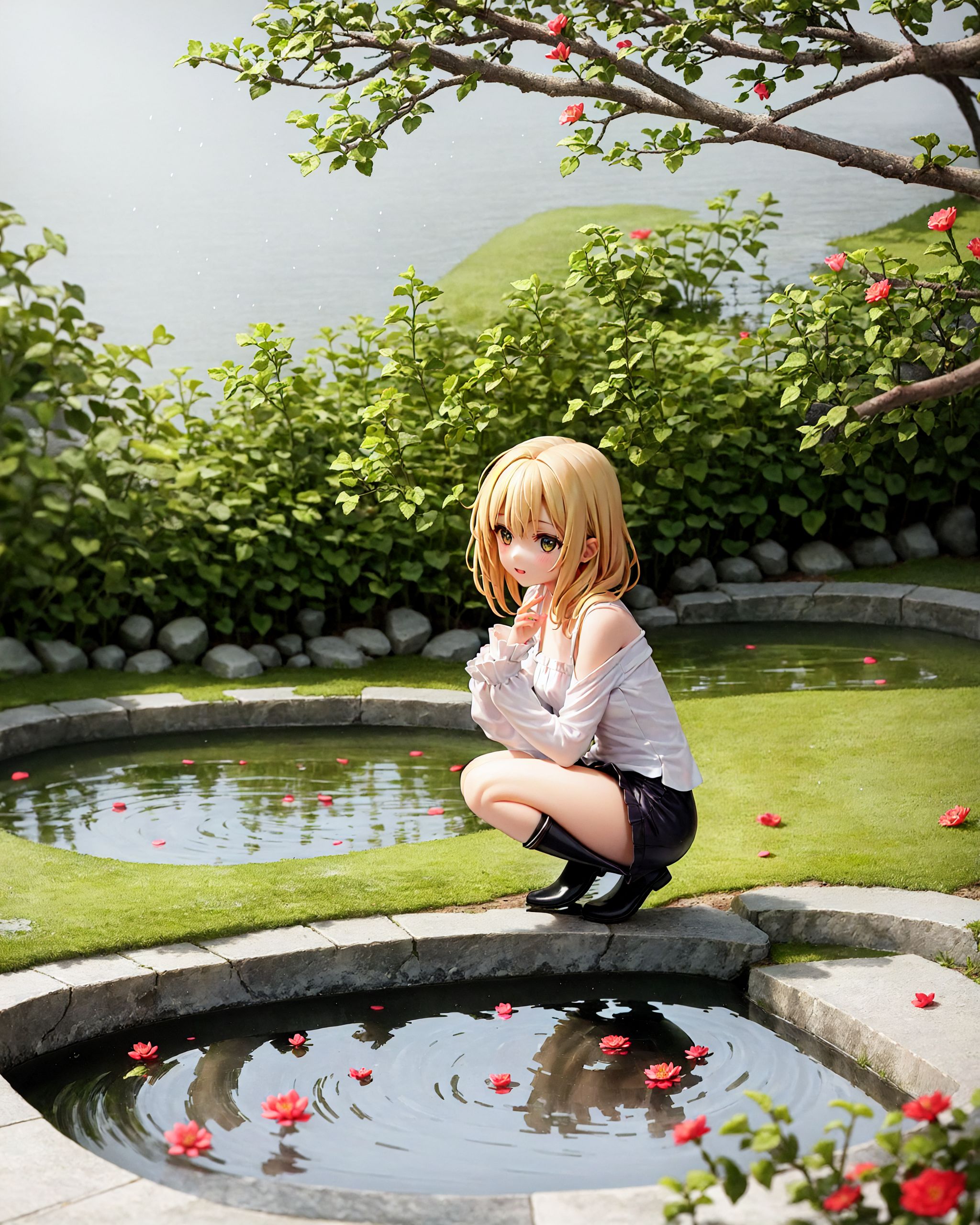 Anime - style photo of a woman kneeling in a garden with a pond - SeaArt AI