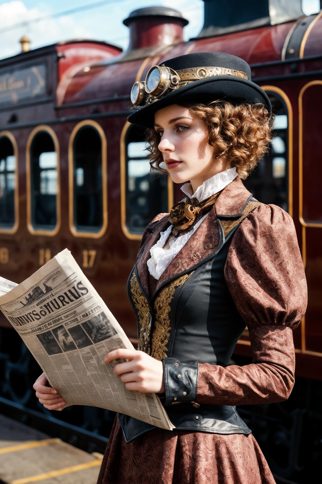 Woman in steam - style outfit reading newspaper next to train - SeaArt AI