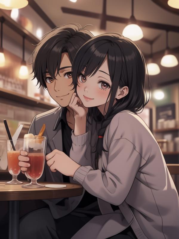 Anime couple sitting at a table with drinks and drinks - SeaArt AI