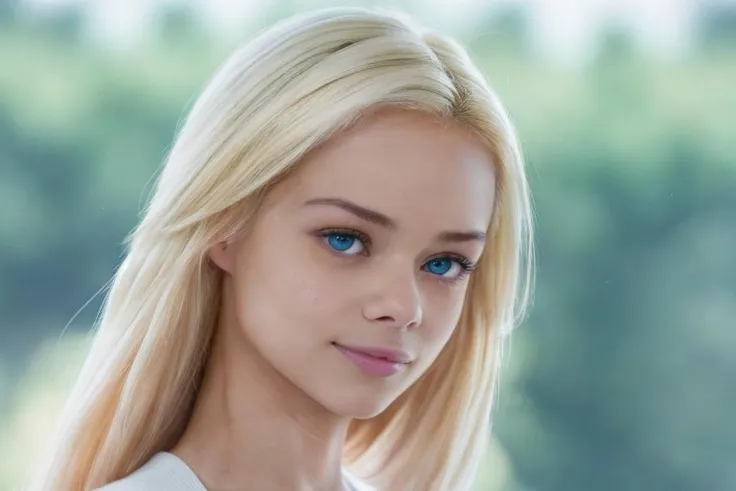 A close up of a woman with long blonde hair and blue eyes - SeaArt AI