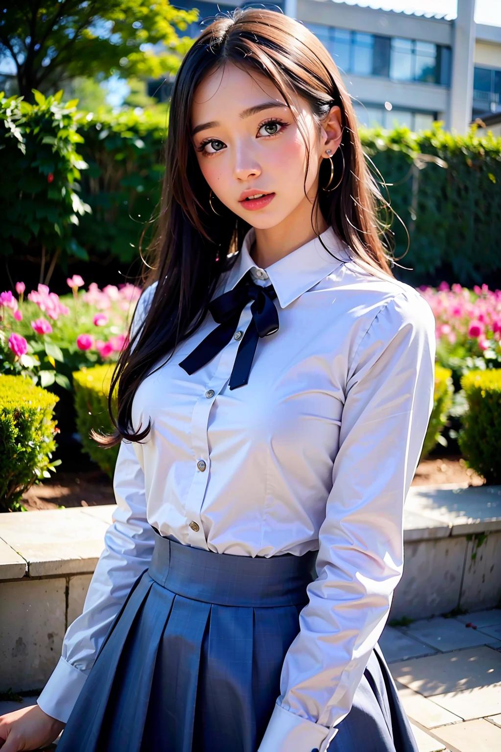 Arafed asian woman in a white shirt and blue skirt posing for a picture - SeaArt AI