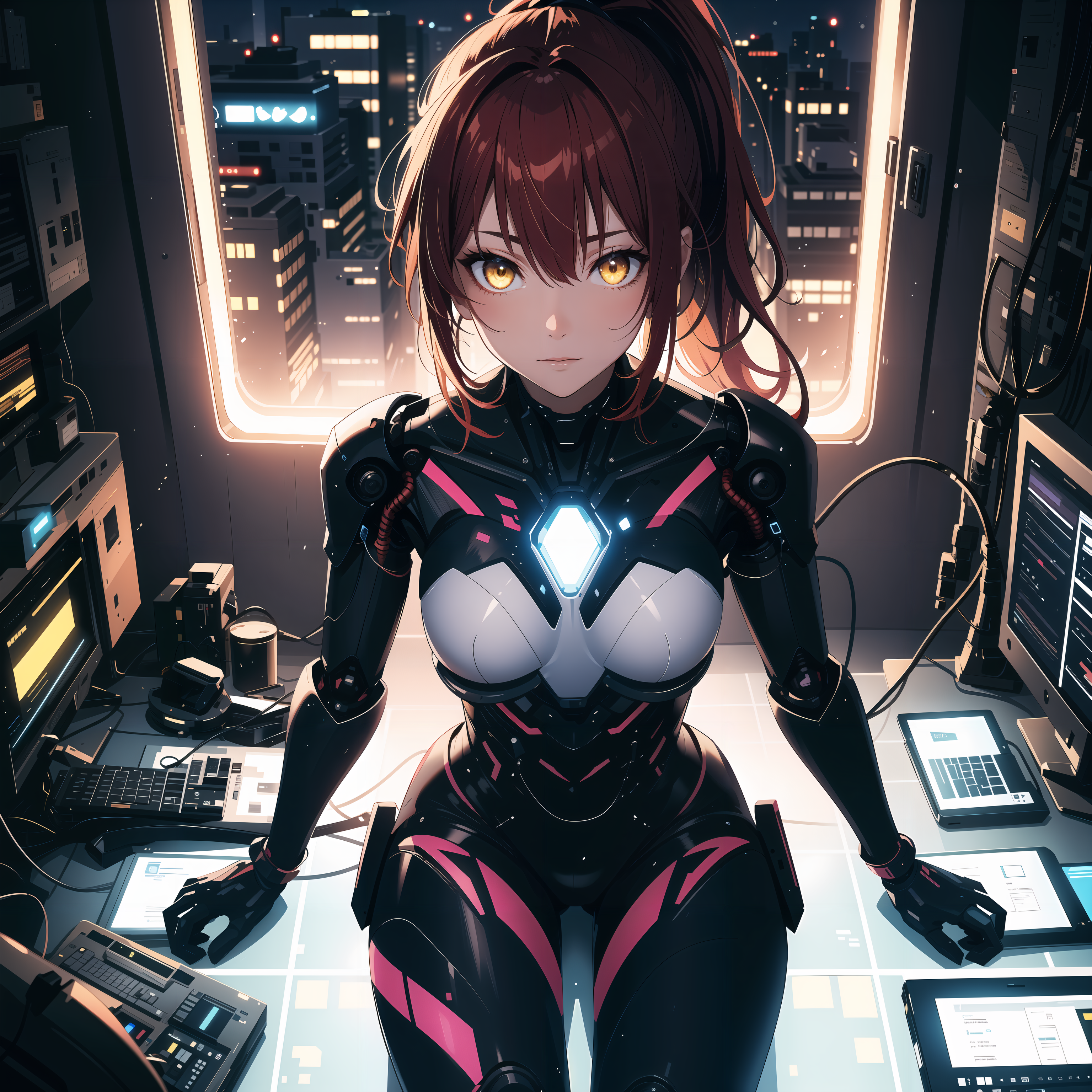 Anime girl in a futuristic suit sitting on a desk with a computer ...