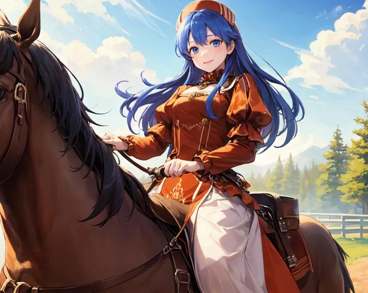 Anime girl riding a horse with a blue hair and a brown outfit - SeaArt AI