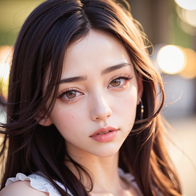 A close up of a woman with long hair and a white top - SeaArt AI