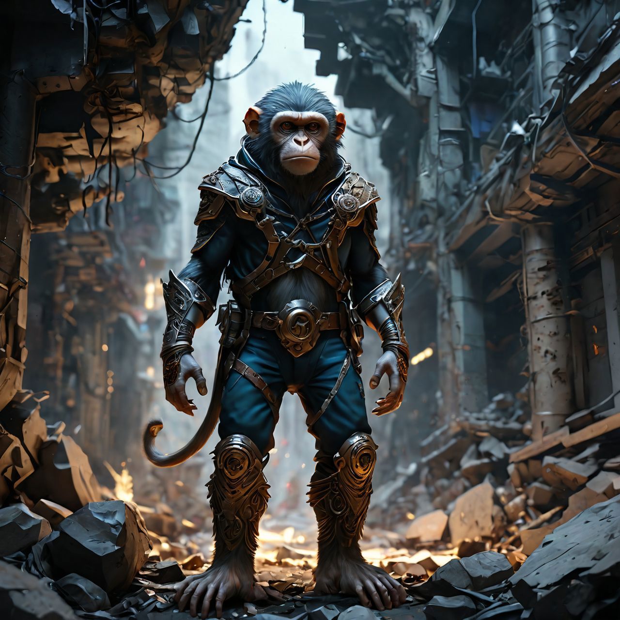 A close up of a monkey in a suit of armor standing in a ruined city ...