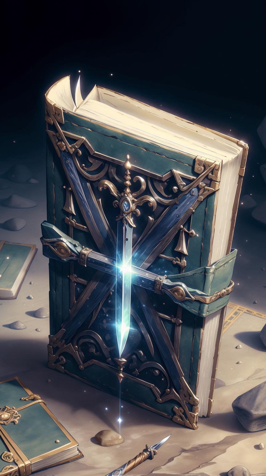 A book with a sword on top of it surrounded by books - SeaArt AI