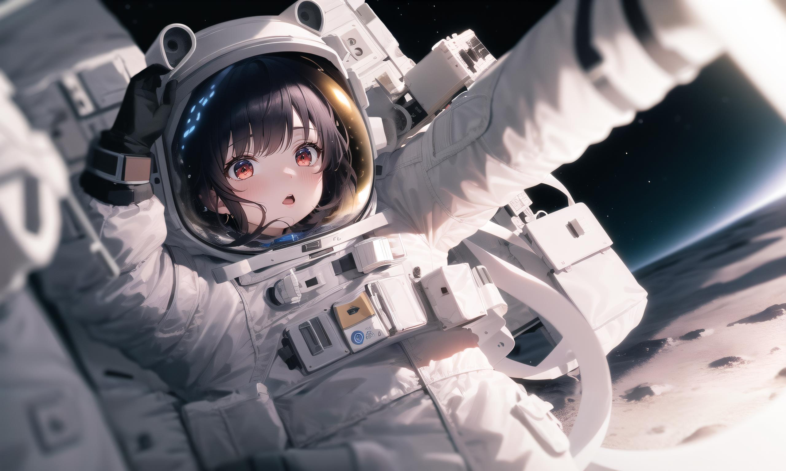 Anime girl in space suit with arms outstretched in front of earth ...