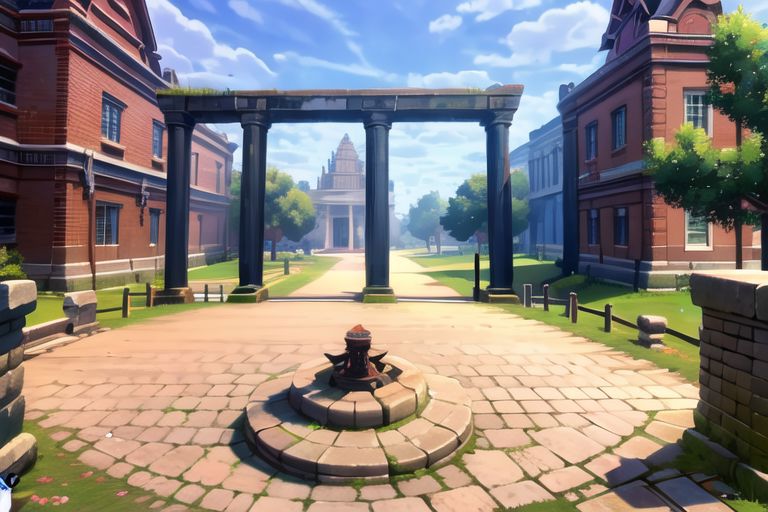 A close up of a courtyard with a fountain and a building - SeaArt AI