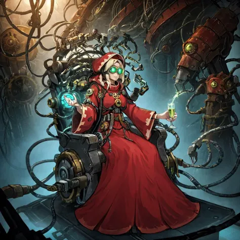 A woman in a red dress sitting on a chair with a bunch of tentacles ...