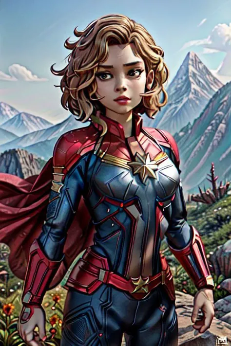 A woman in a captain marvel costume standing on a rock - SeaArt AI