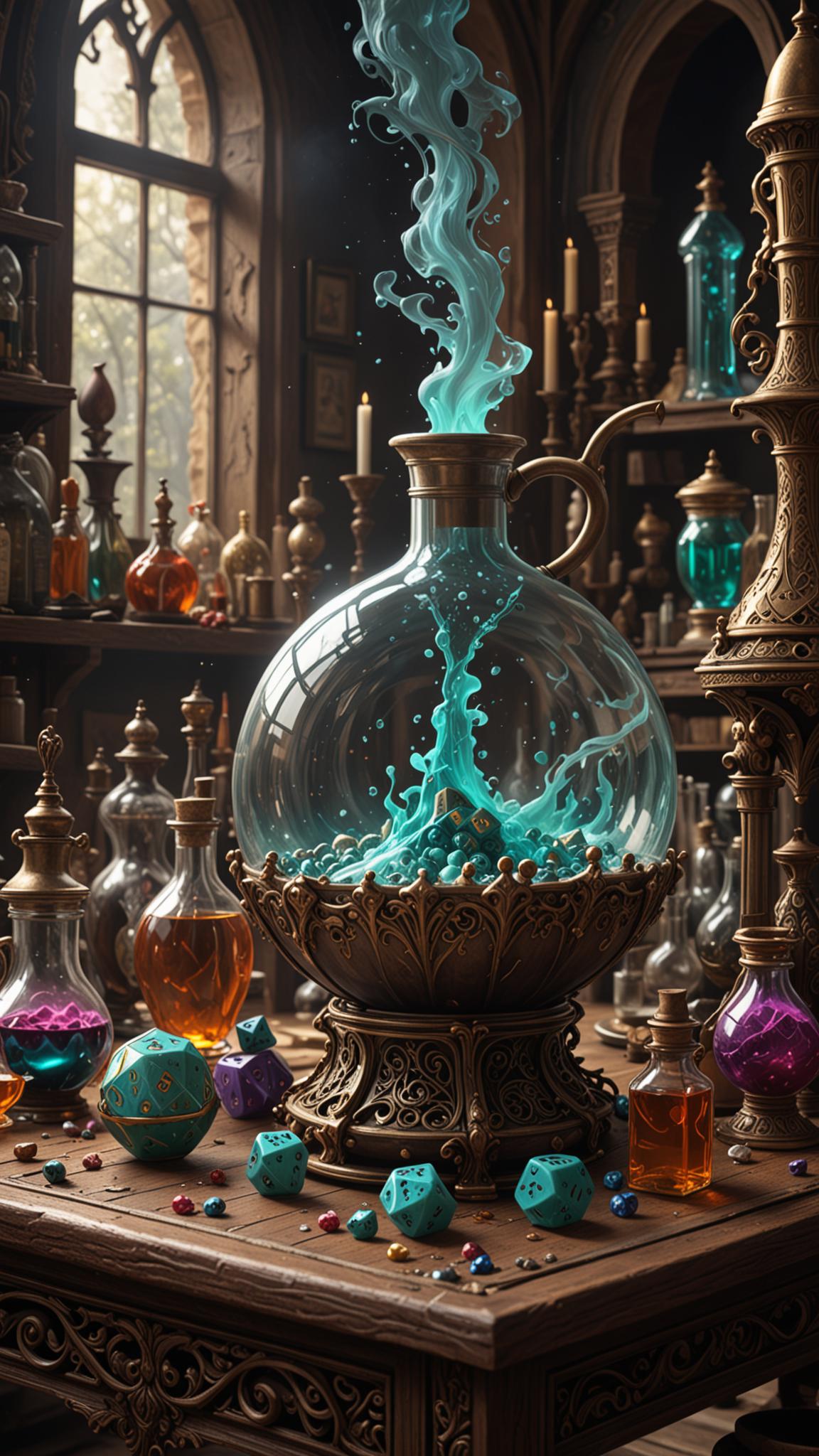Ethereal fantasy concept art of a Mage brewing potions. Dice - SeaArt AI