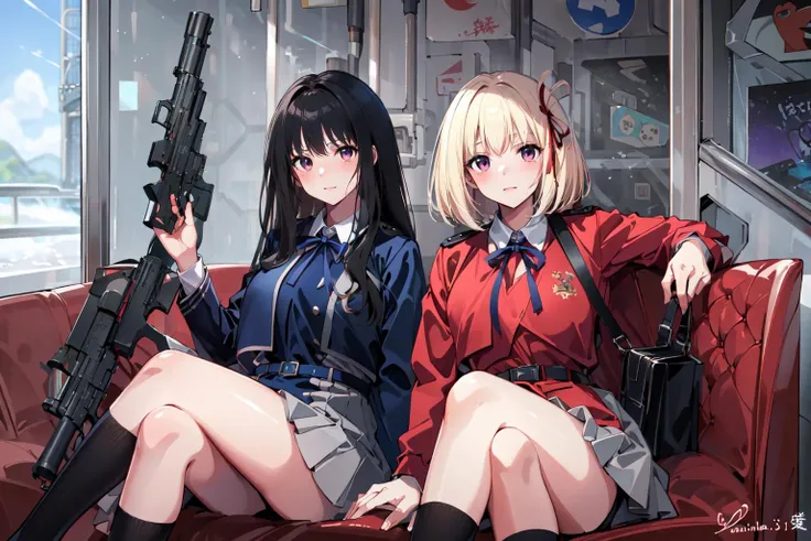 Anime girls sitting on a couch with guns in their hands（nishikigi ...