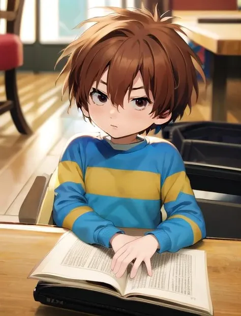 Anime boy reading a book in a library with a laptop - SeaArt AI
