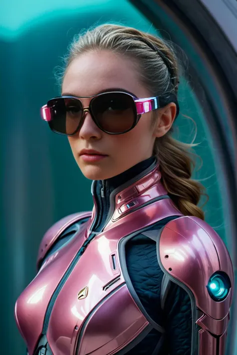 A close up of a woman wearing a futuristic suit and sunglasses - SeaArt AI