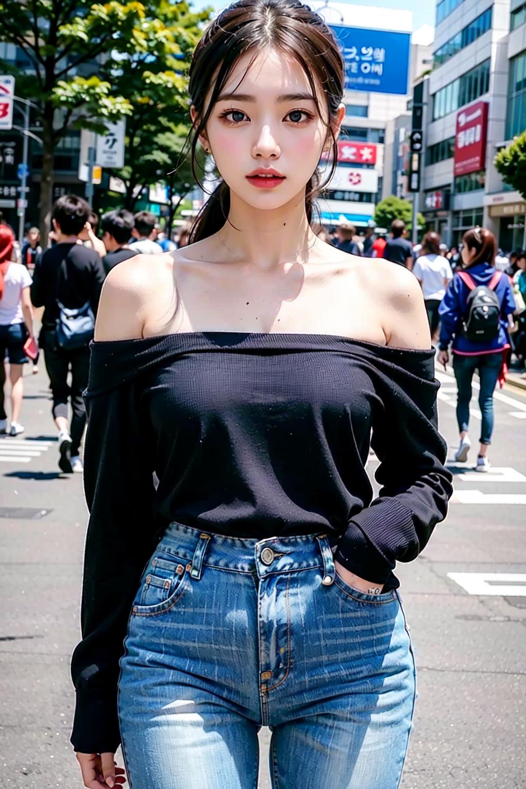 Araffe asian woman in black off shoulder top and jeans standing on street corner - SeaArt AI