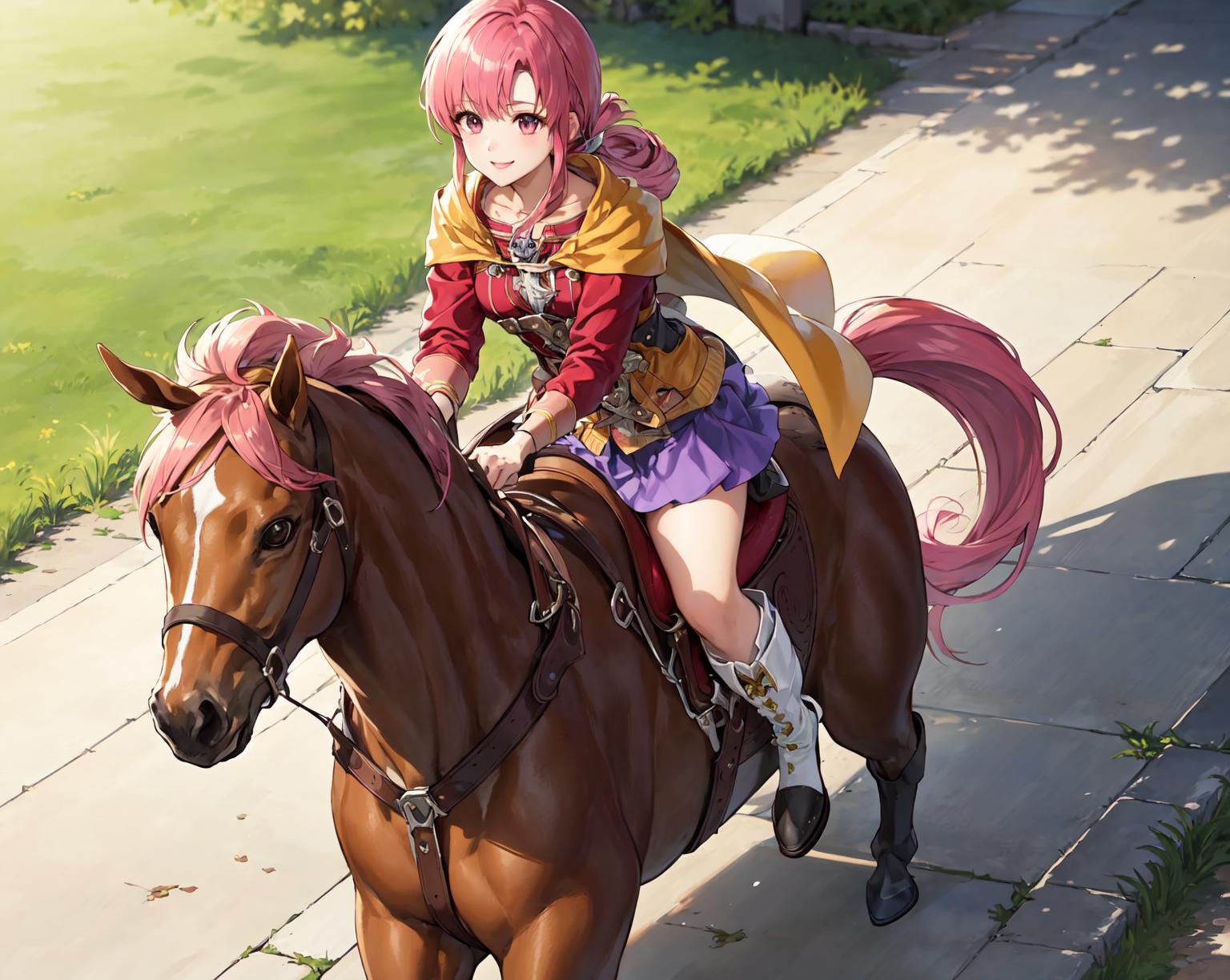 Anime girl riding a horse on a sidewalk in a park - SeaArt AI