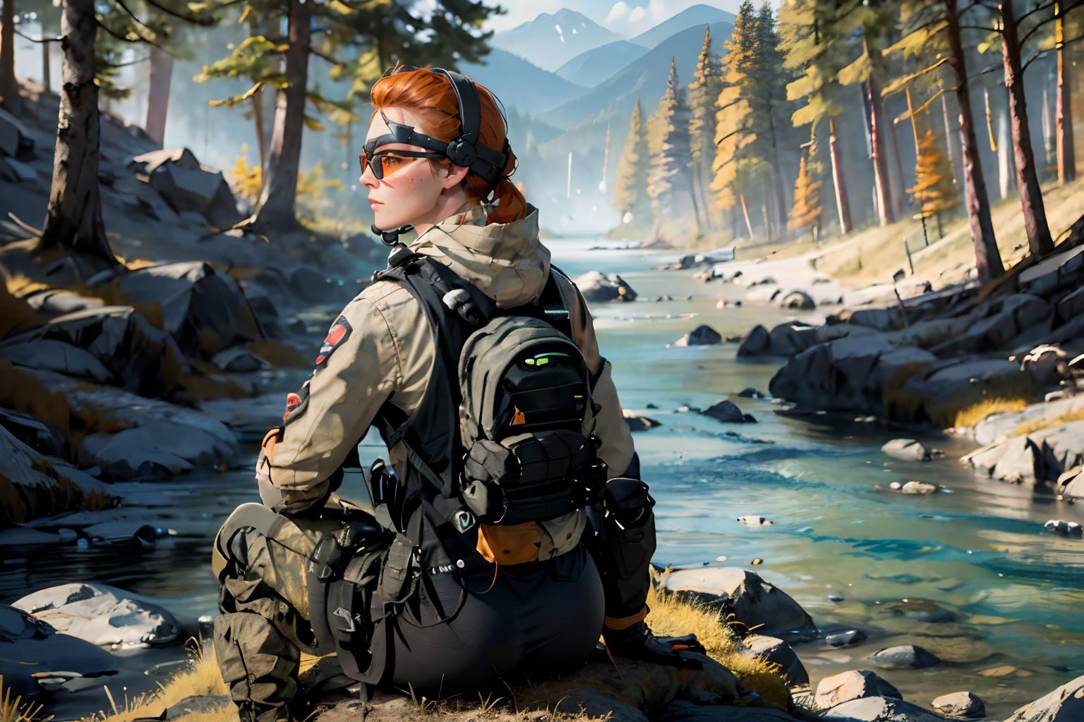 Arafed woman sitting on a rock in a forest looking at a river - SeaArt AI