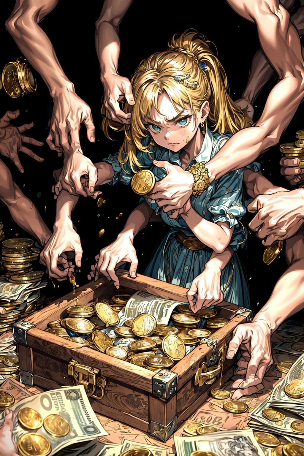 A picture taken from a comic book of a woman surrounded by money ...
