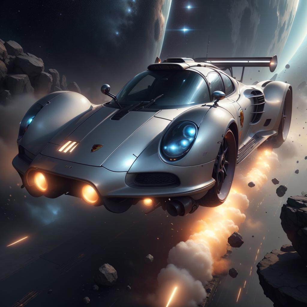 A silver car flying through space with a planet in the background ...