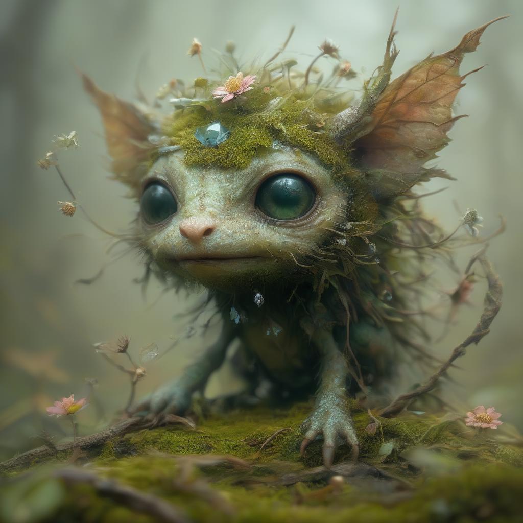A close up of a small creature with green eyes and a flower crown ...
