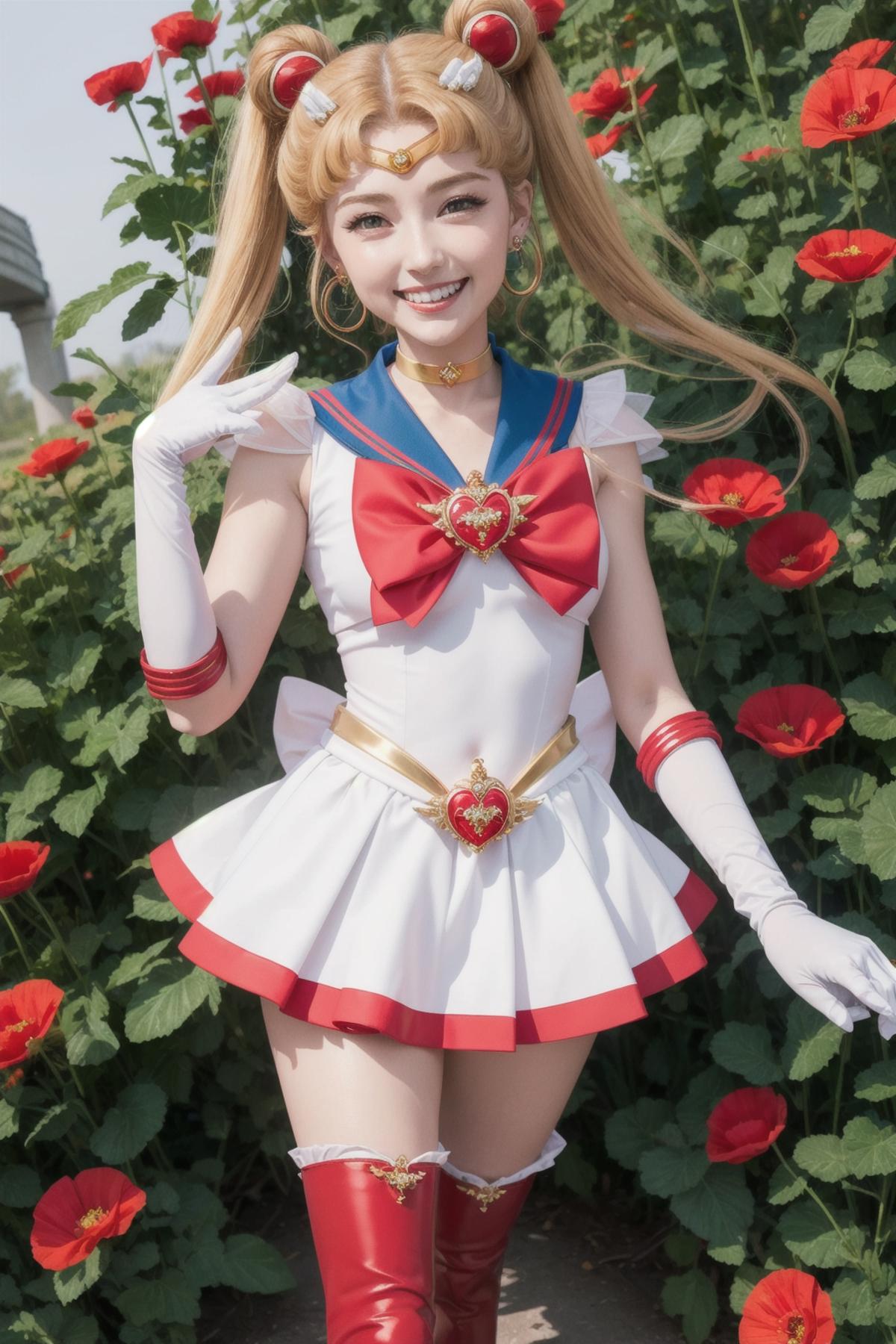 Sailor girl in a white dress and red boots posing in front of flowers ...