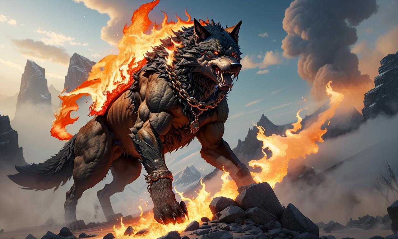 A close up of a wolf with a fire on its back - SeaArt AI