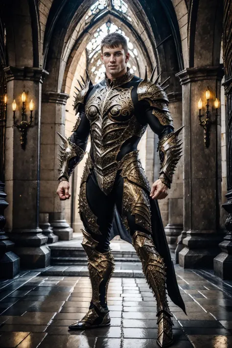 A man dressed in armor standing in a church - SeaArt AI