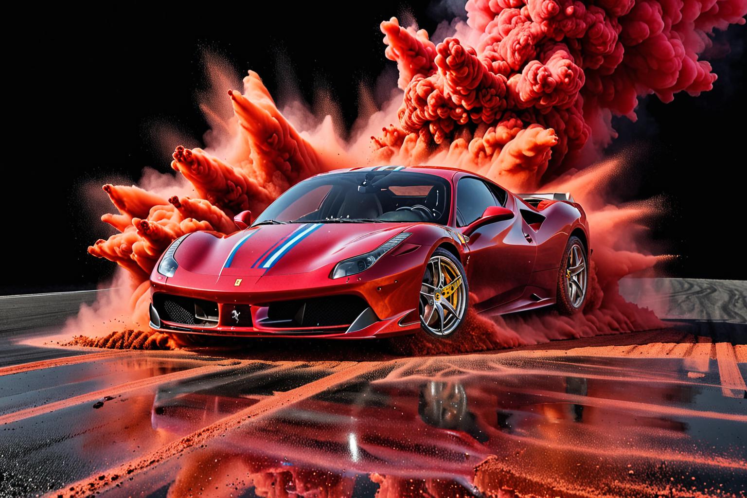 Ferrari car with red smoke and smoke bombs coming out of it - SeaArt AI