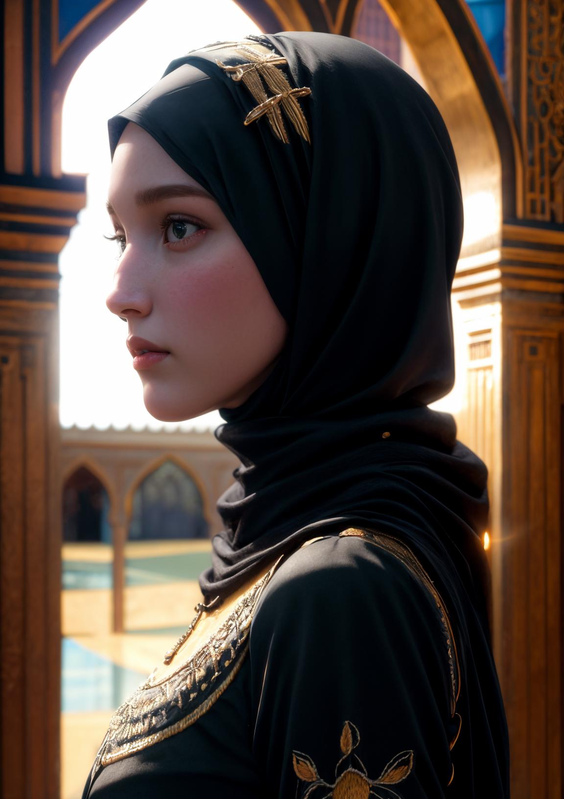 Arafed woman in a black hijab stands in front of a window - SeaArt AI