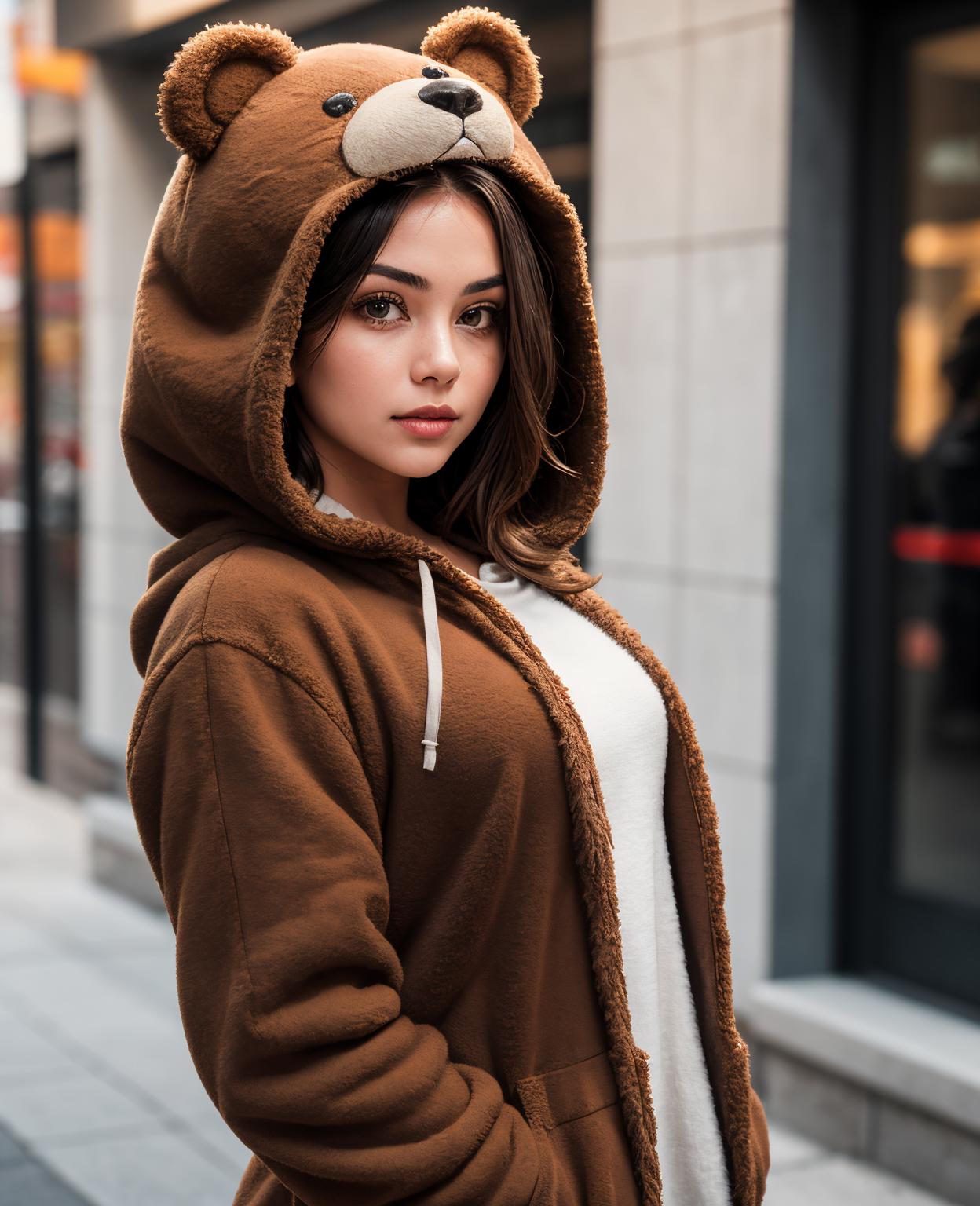 A close up of a woman wearing a brown bear hoodie - SeaArt AI