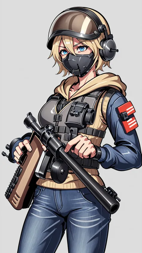 A woman in a gas mask holding a gun and wearing a gas mask - SeaArt AI