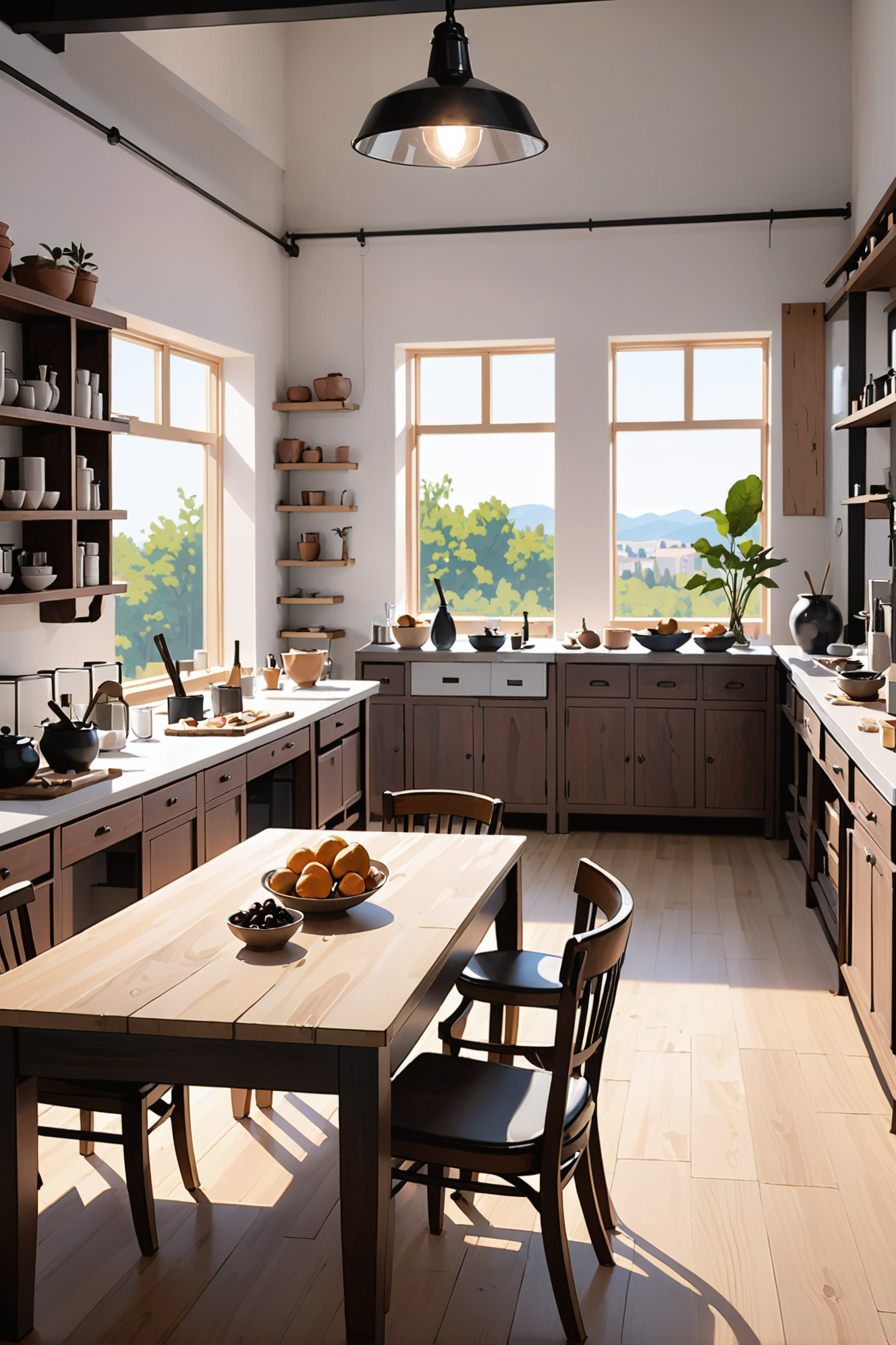 There is a kitchen with a table and chairs in it - SeaArt AI