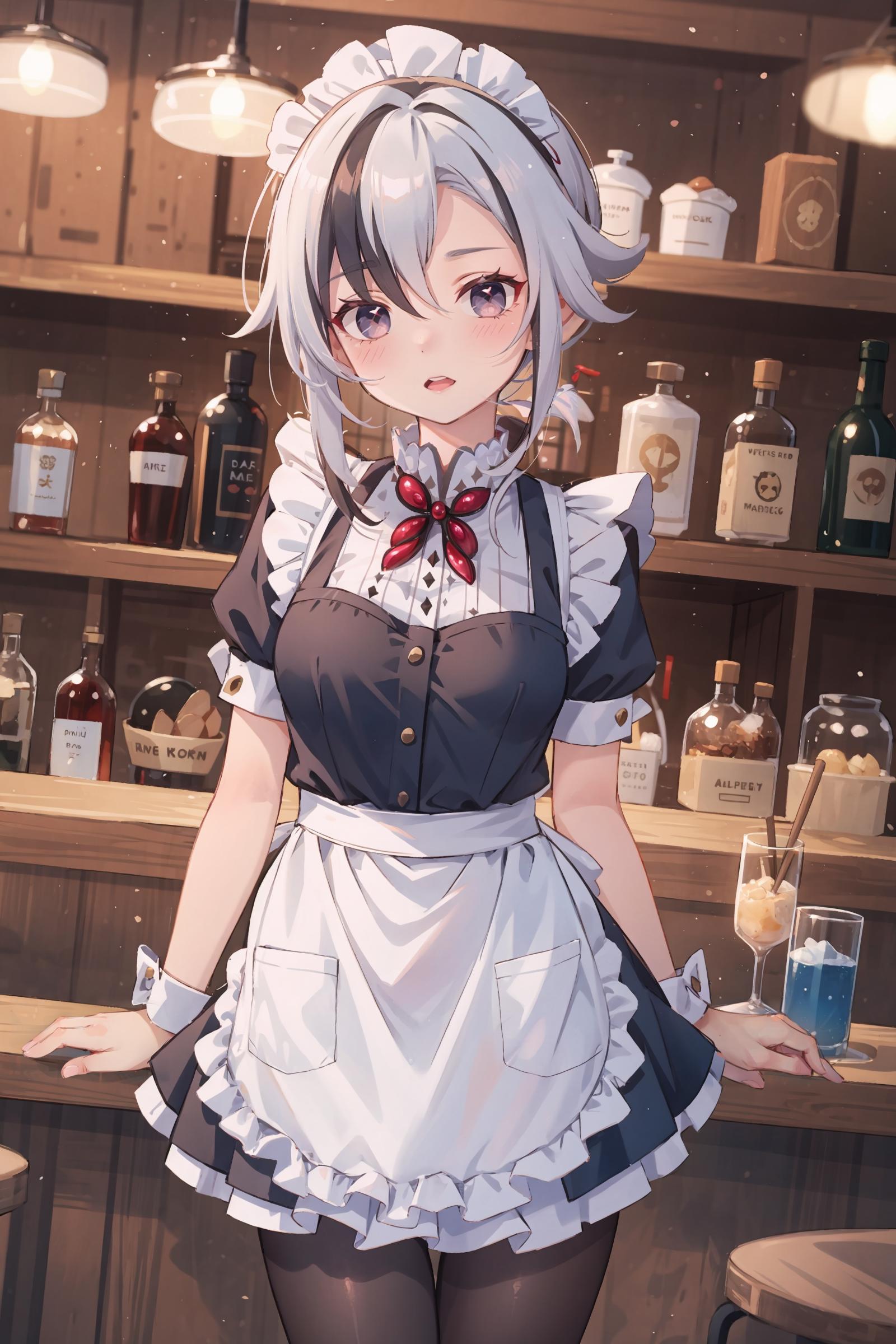 Anime girl in maid outfit standing in front of a bar - SeaArt AI